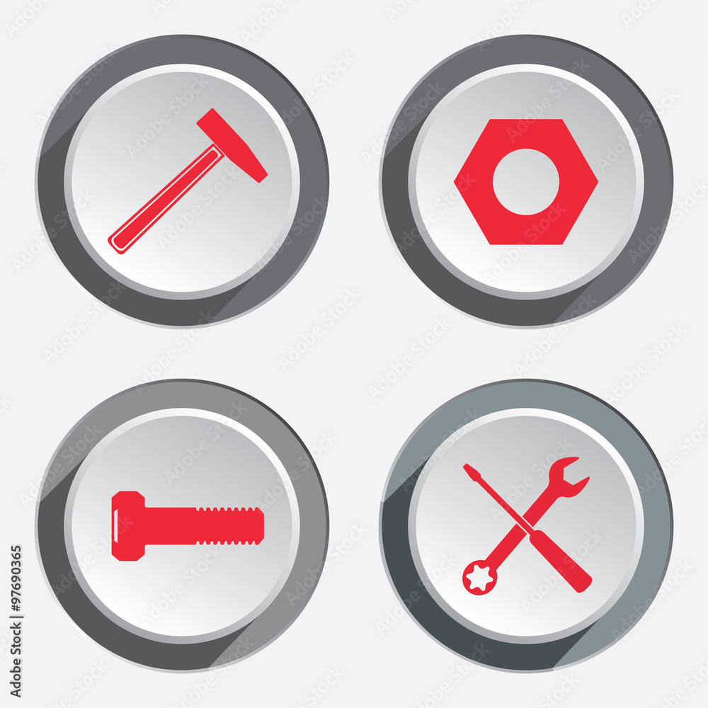 Tools icons set. Screwdriver, hammer, wrench key icon, bolt nut. Repair ...