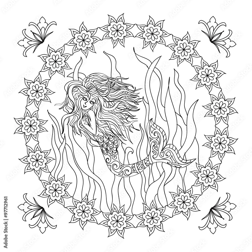 Mermaid zentangle coloring page Stock-Illustration | Adobe Stock