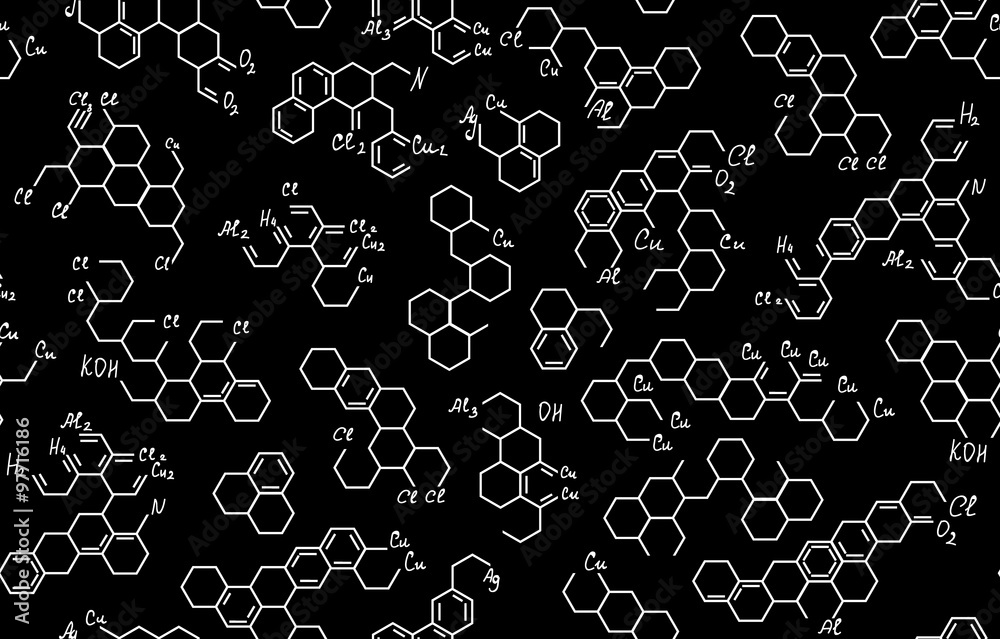 Scientific vector seamless pattern with chemical connections, formulas ...