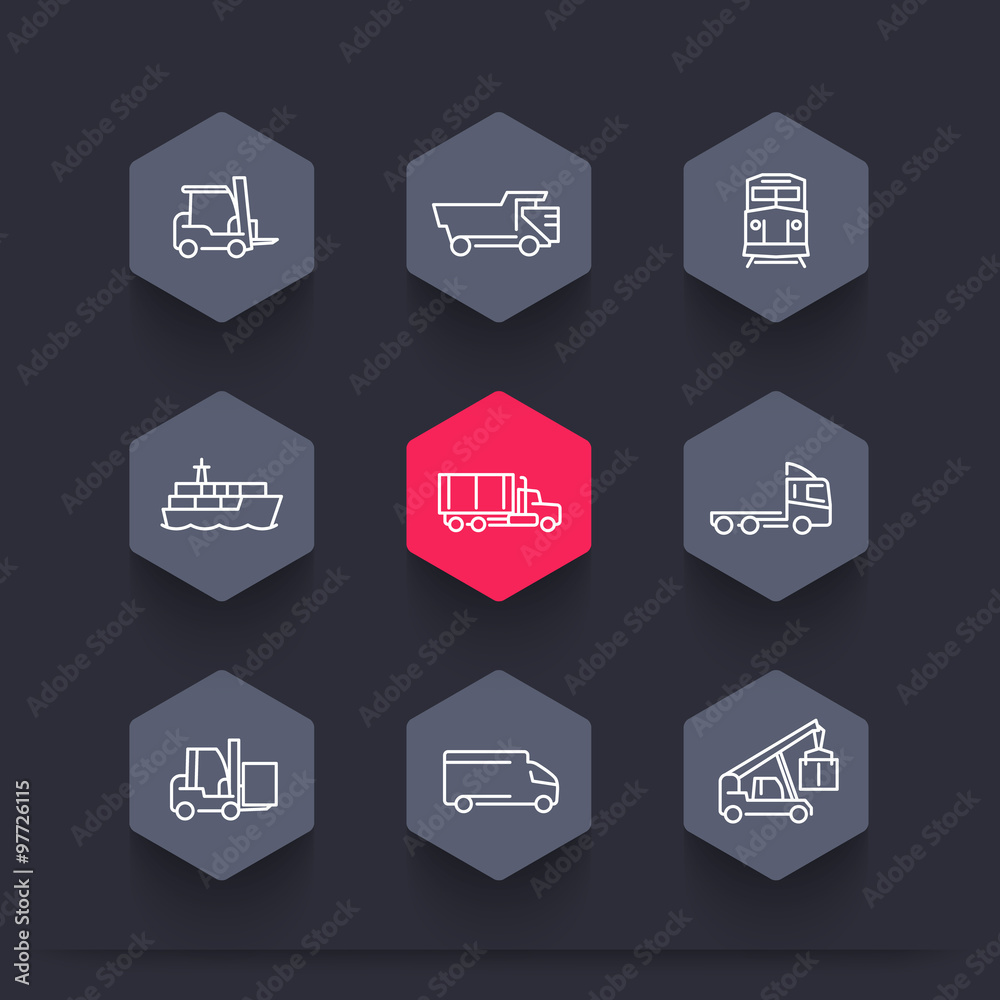 Transportation, line hexagon icons, Forklift, Cargo ship, Freight train ...
