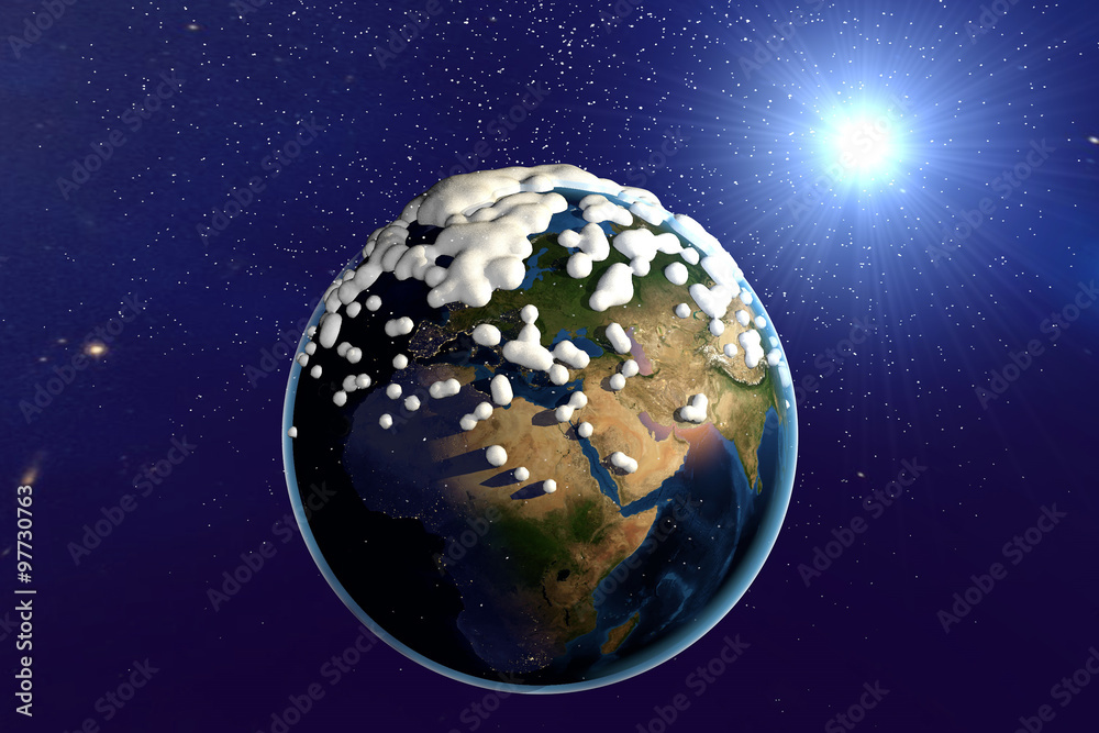 Snowing. The planet Earth from space showing Africa, Arabian Peninsula ...