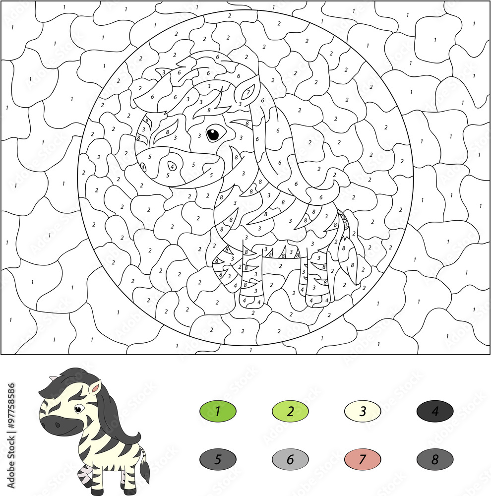 Color by number educational game for kids. Cartoon zebra. Vector Stock ...