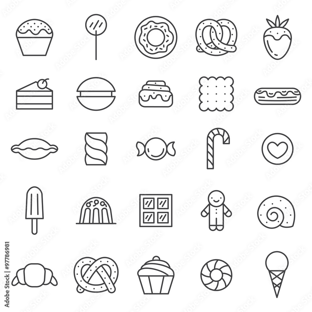 Sweets outline gray icons vector set. Modern minimalistic design. Stock ...