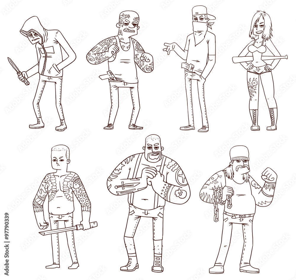 Vector Criminals set, line art. Line cartoon image of seven different ...