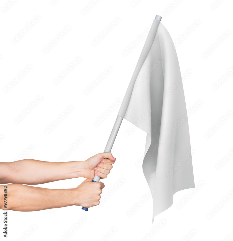 Hand waving a white flag isolated on white background. Stock Photo ...