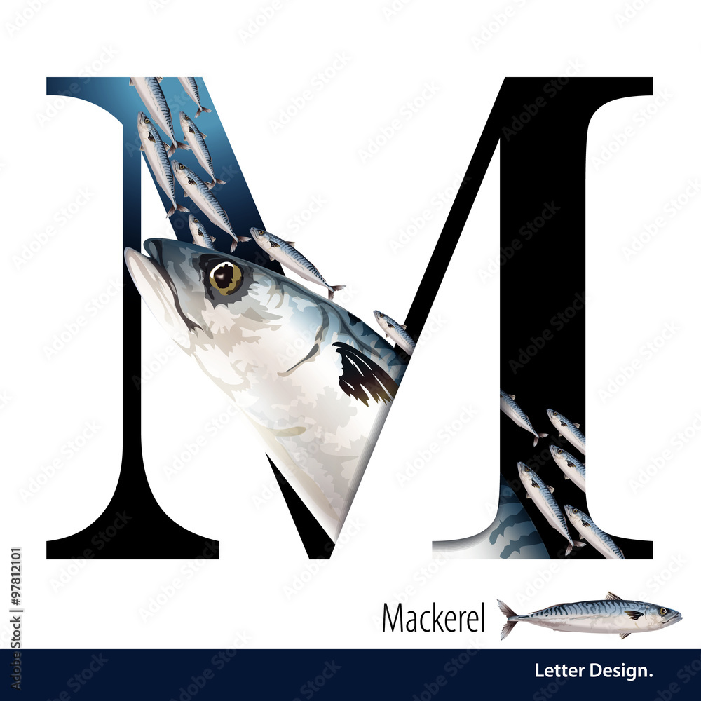 Vector illustration of Letter M is Mackerel alphabet. English. Stock ...