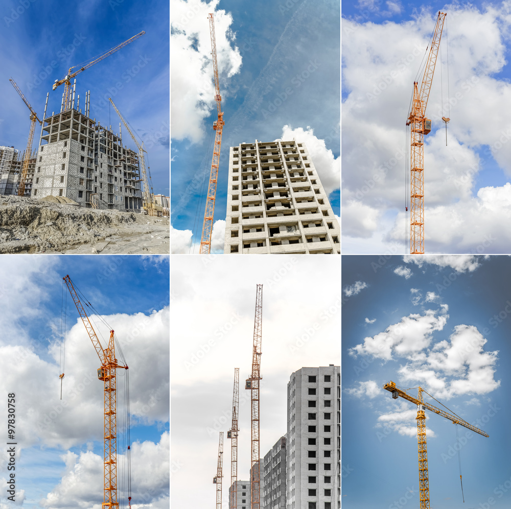 New residential high-rise buildings and powerful crane. Collage. Stock ...