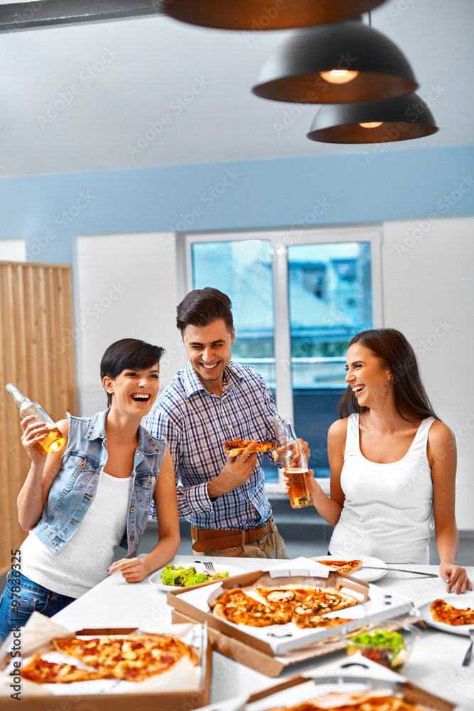 Eating Food. Happy Friends Having Dinner Party At Home. Cheerful People ...
