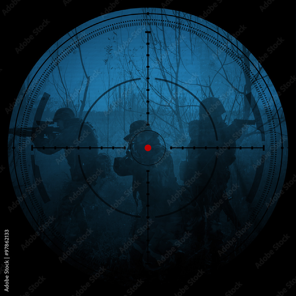 Sniper scope. Night vision.illustration.night mission/operation hostage ...