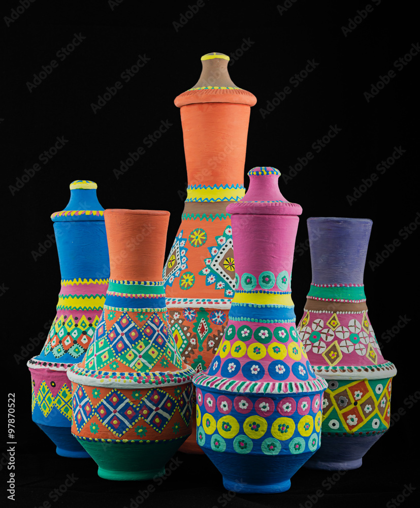 A group of Egyptian painted pottery vessels made of clay, one of the ...