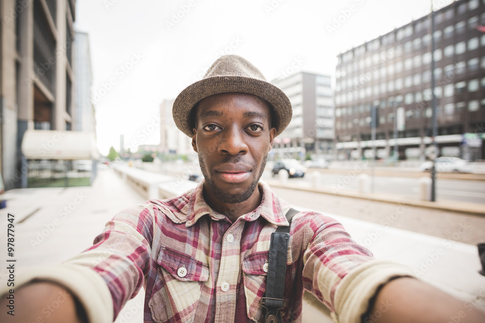 Half length of young handsome afro black man taking a selfie, lo Stock ...