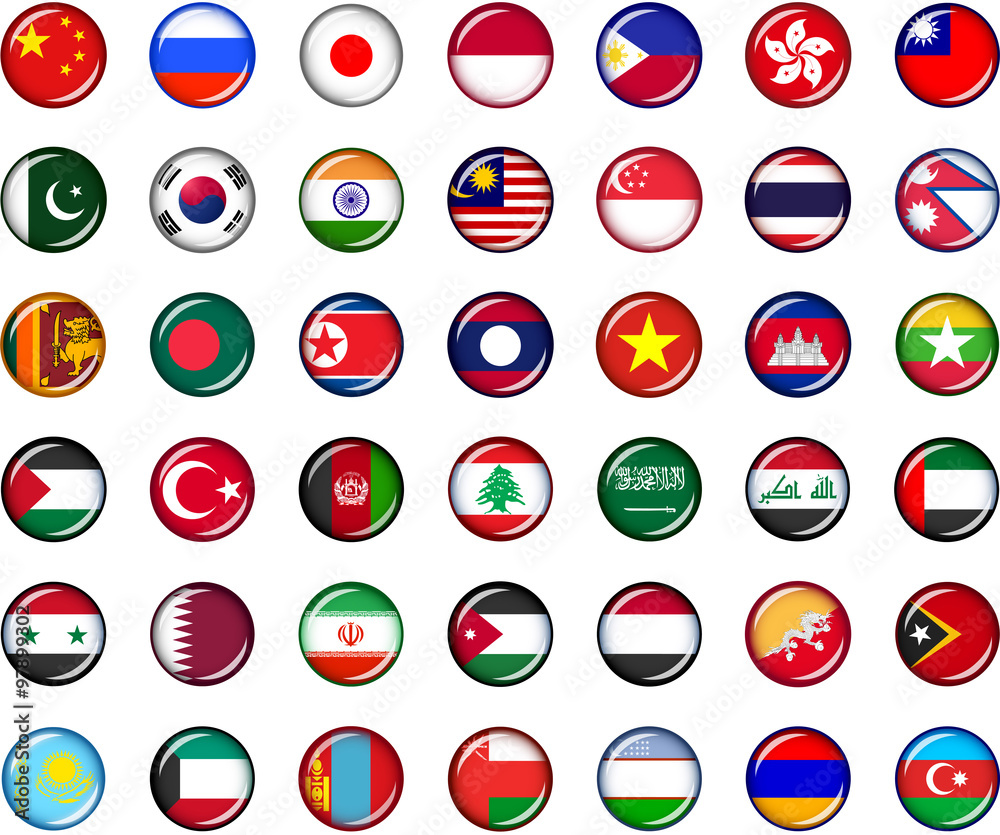 Asia Flag Button Set Set of vector graphic glossy buttons representing ...