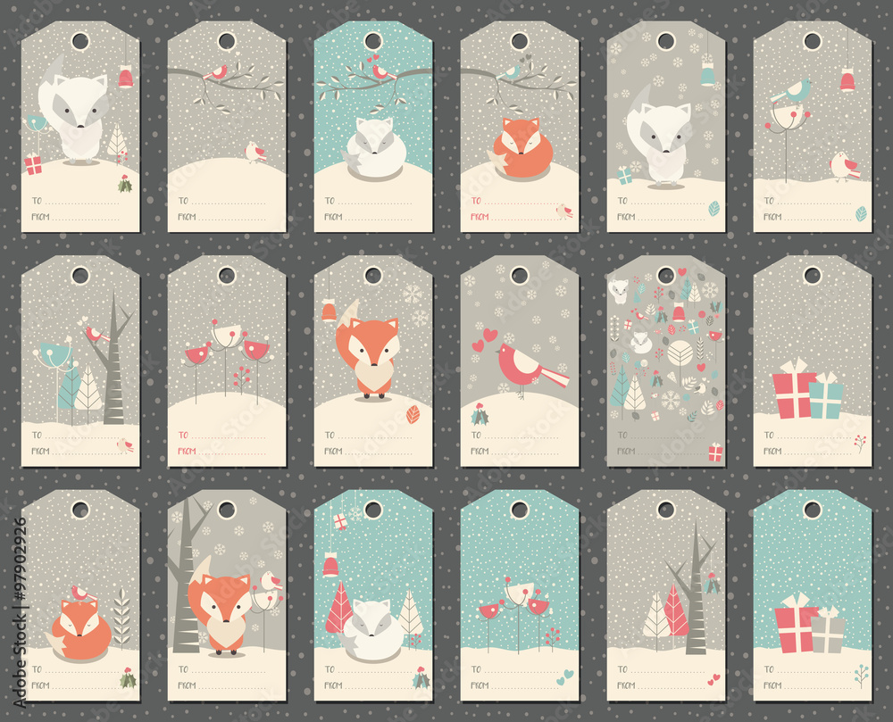 Collection of 18 Christmas and New Year gift tags with foxes, bi Stock ...