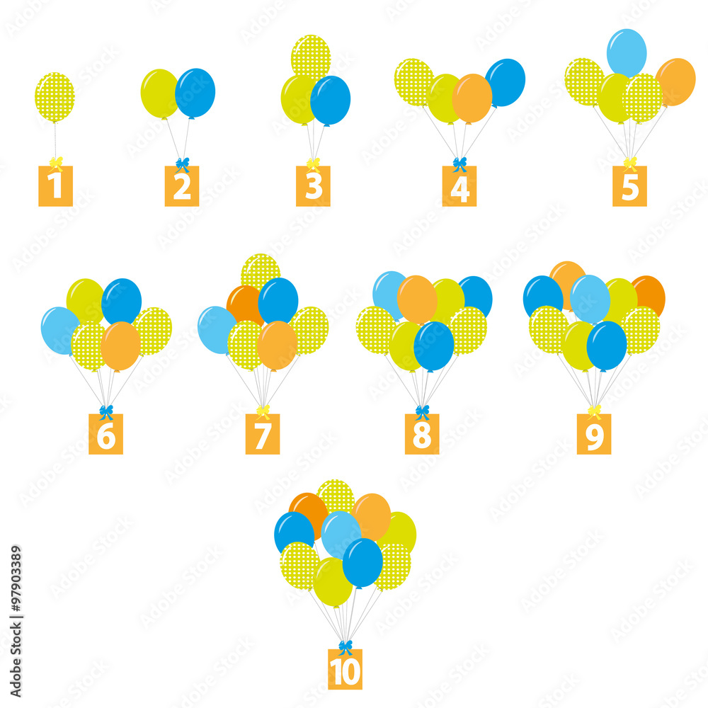 set of numbered birthday party balloons with numbers 1-10 on white ...