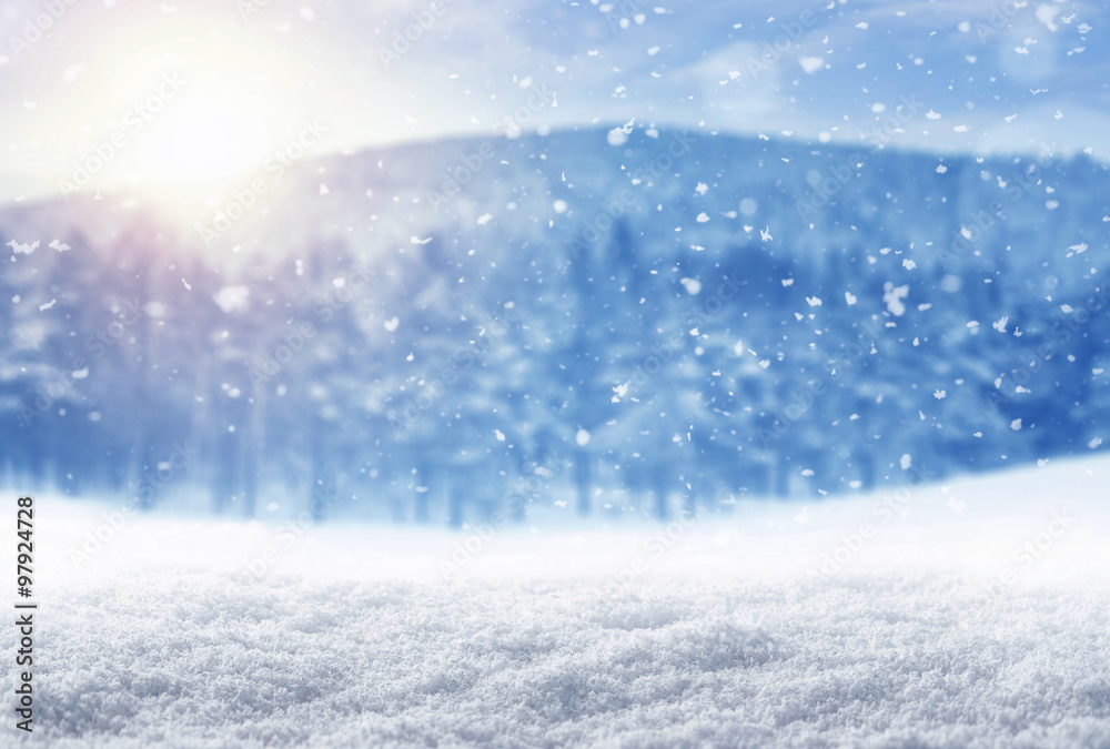 Winter background, falling snow over mountain landscape Stock Photo ...
