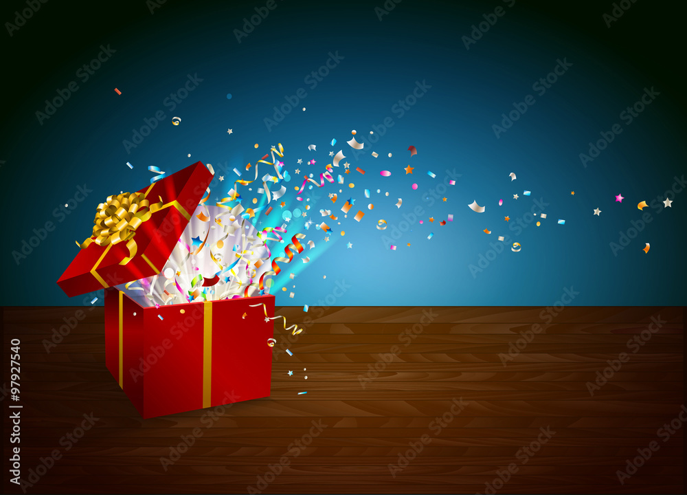 Open gift with fireworks from confetti on wooden table. Open gif Stock ...