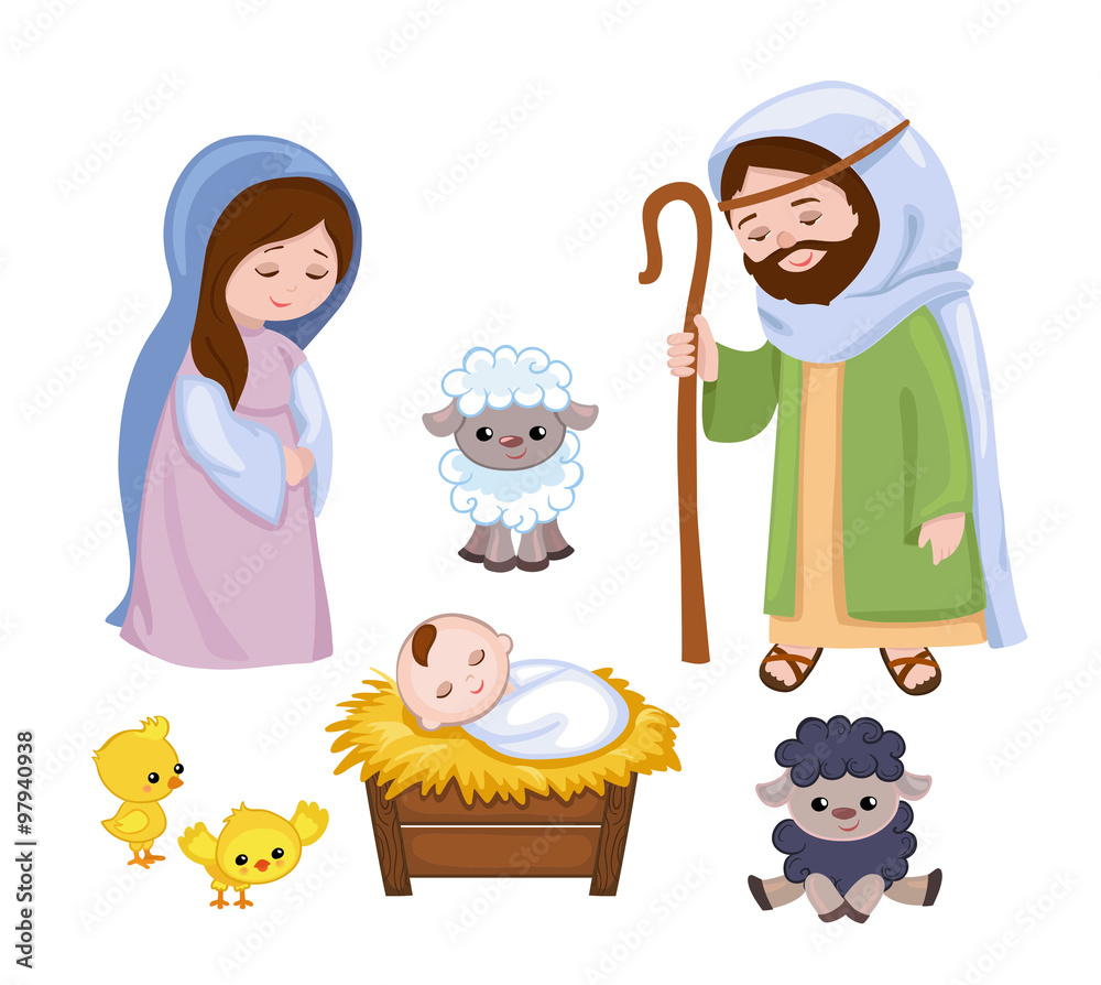 Cartoon nativity scene with holy family Stock Vector | Adobe Stock