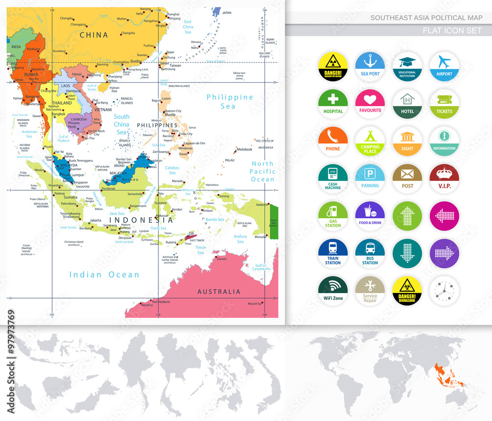 Southeast Asia Political Map and Flat Icon Set Stock Vector | Adobe Stock