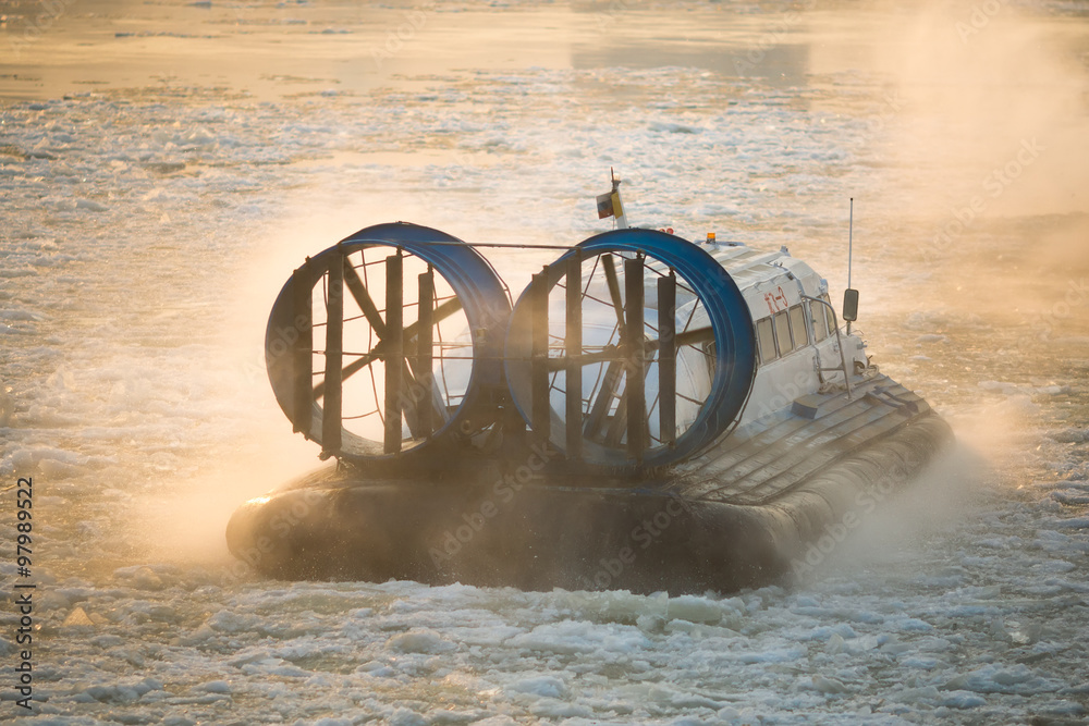 Russian ACV Hovercraft in Action on a Frosen River. Air Cushion Stock ...