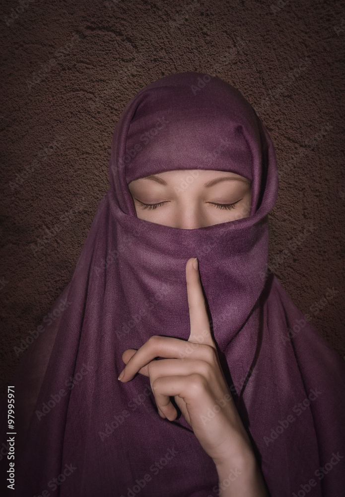 Islamic woman with closed eyes. Symbol of silence and blindness. Stock ...