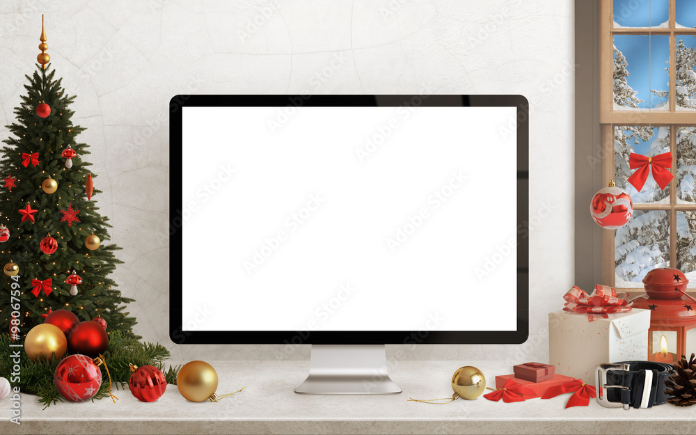 Computer display on table with isolated white screen for mockup in ...