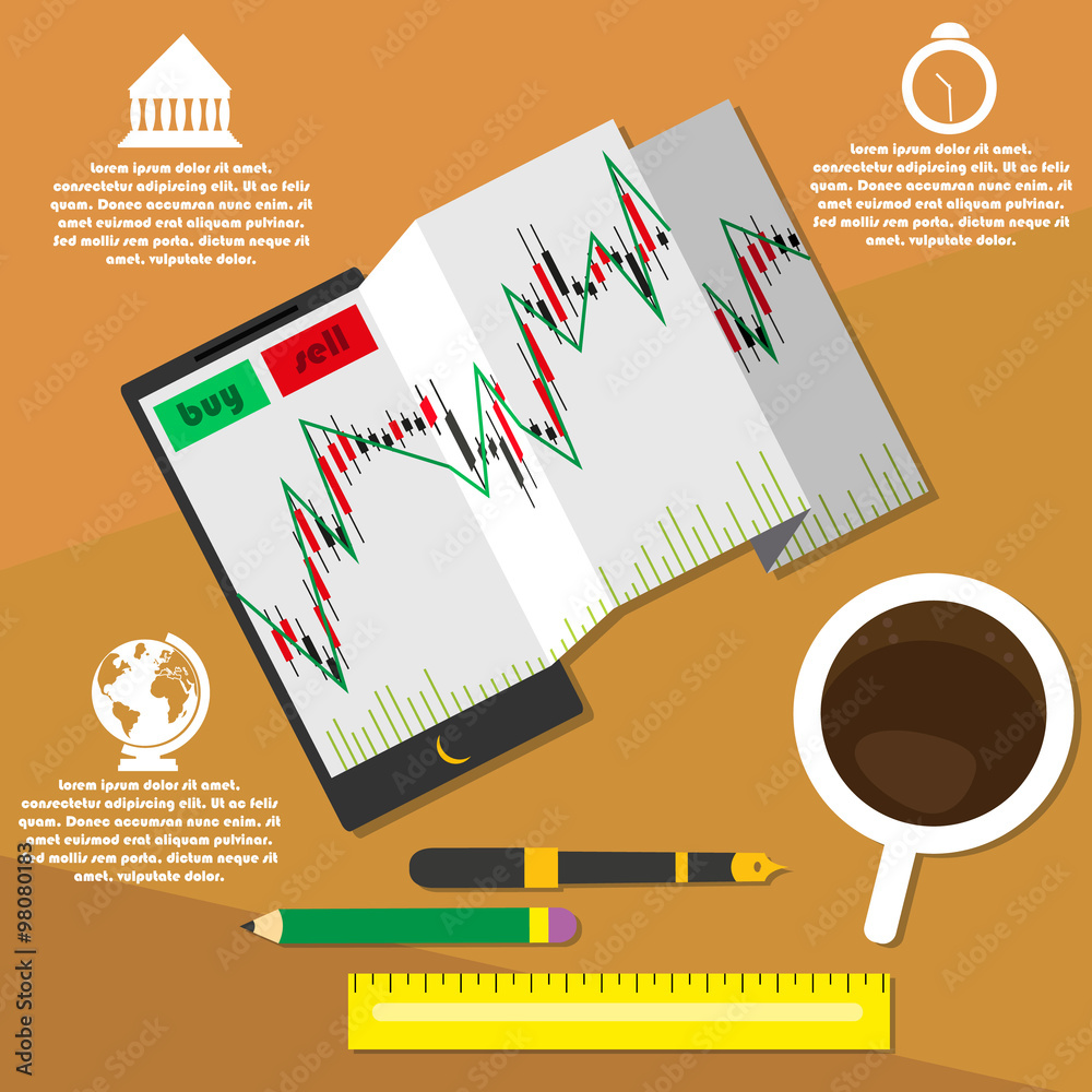 Vector illustration of mobile trading. workplace trader. infographics ...
