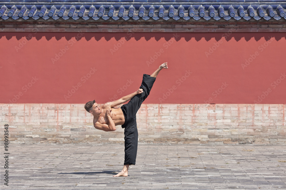 Martial arts master practising high kick technique at Temple of Heaven ...