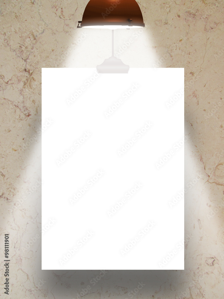 Single hanged paper sheet frame with brown retro lamp on pink marble ...