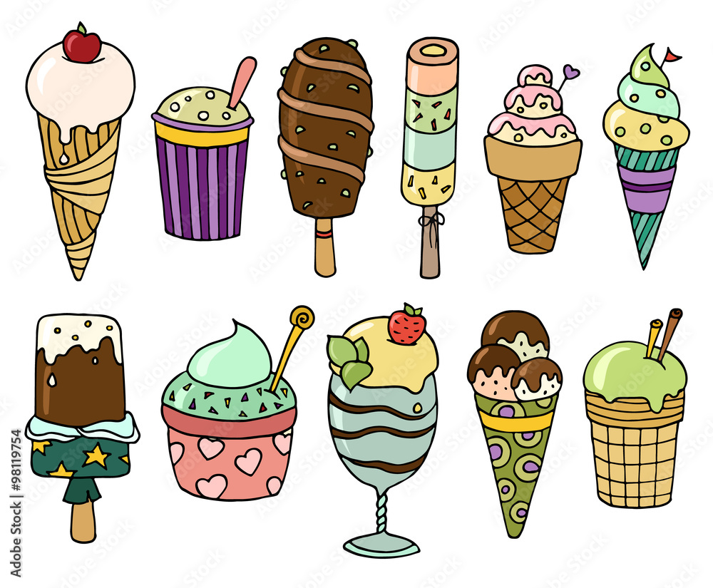 Cute set of colorful tasty cartoon ice cream. Collection of delicious ...