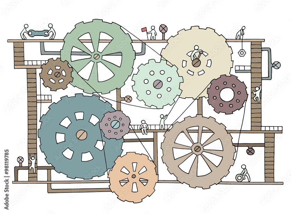 Sketch of people teamwork, gears, production. Doodle cartoon mechanism ...