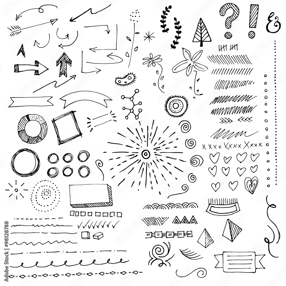 Hand drawn sketch doodles, including plant life, punctuation marks ...