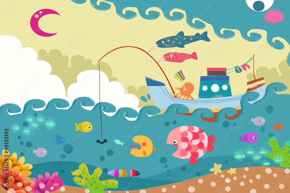 Illustration for Children: The Big Wave Monster is Chasing a Fishing ...