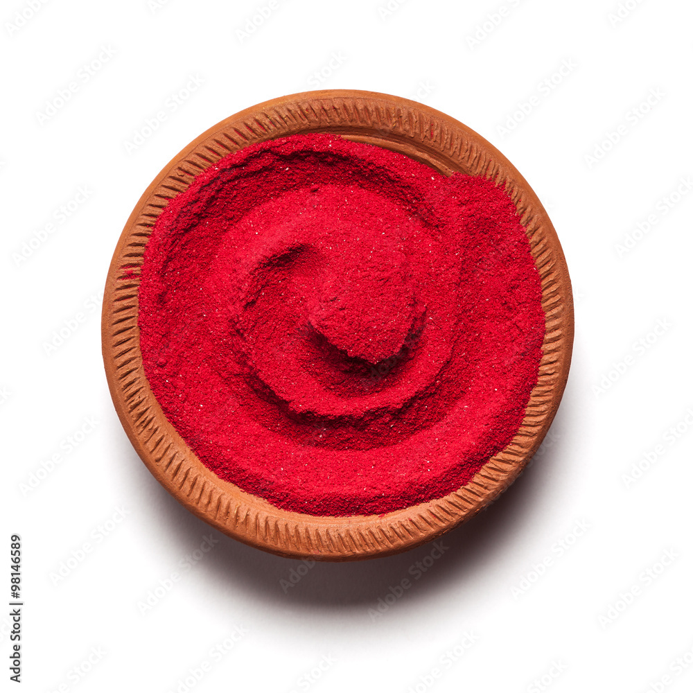 Top view close up of red color made of soil in clay pot on white ...