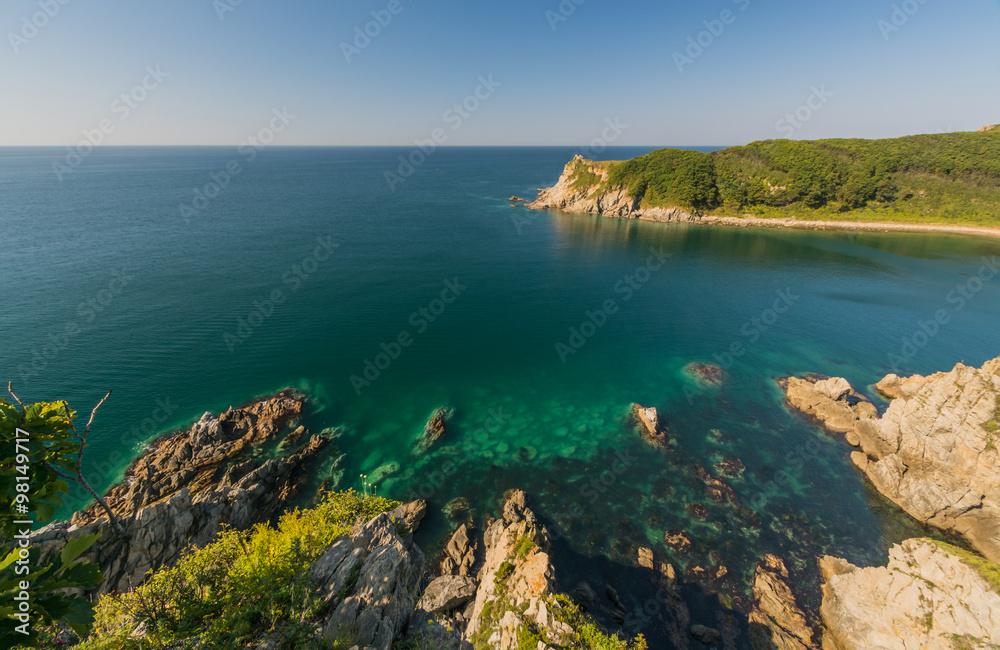 Rocks and mountains on the shores of the sea of Japan. Primorye, Russia ...
