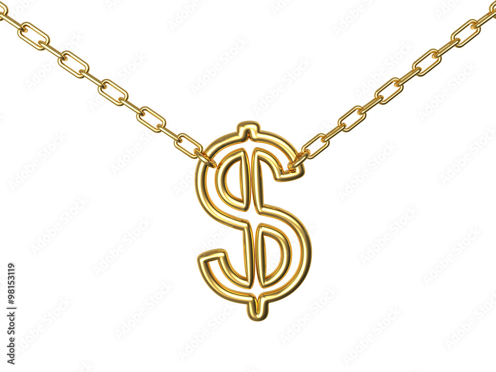Golden dollar sign on a chain isolated on white background Stock ...