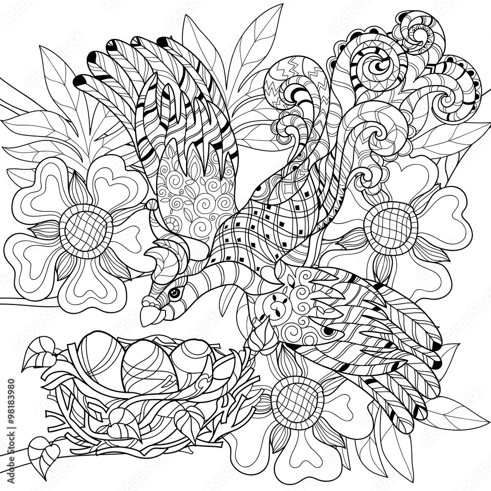 Zentangle stylized bird on nest. Hand Drawn vector illustration. Sketch ...