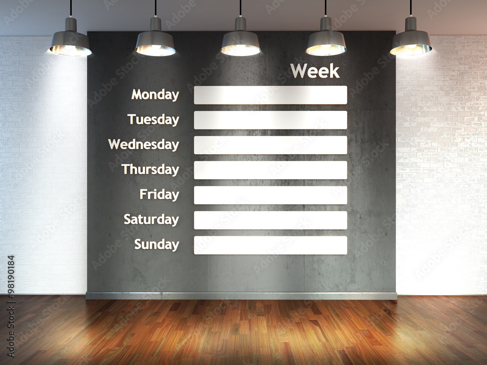 Room with spotlight lamps, empty 3d space with wooden floor and brick ...