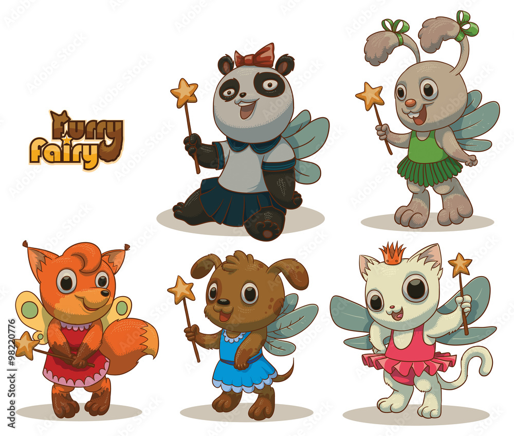 Vector Set of furry fairies. Cartoon images of cute animals dressed as ...