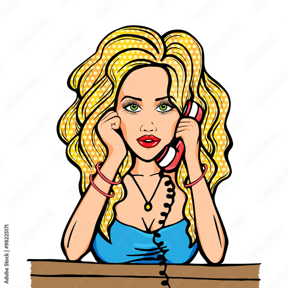 Pop art comic blonde woman with telephone isolated on white background ...
