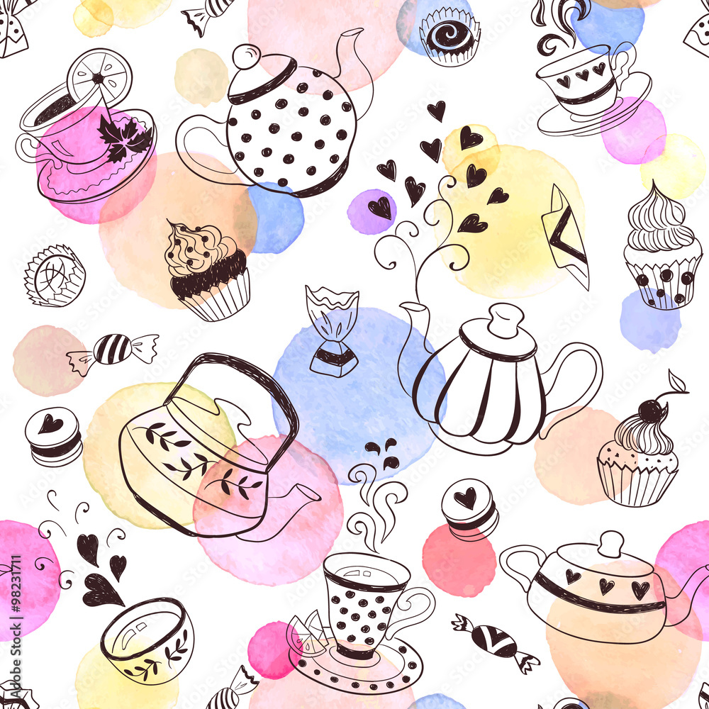 Tea time seamless pattern. Tea party background design. Hand drawn ...