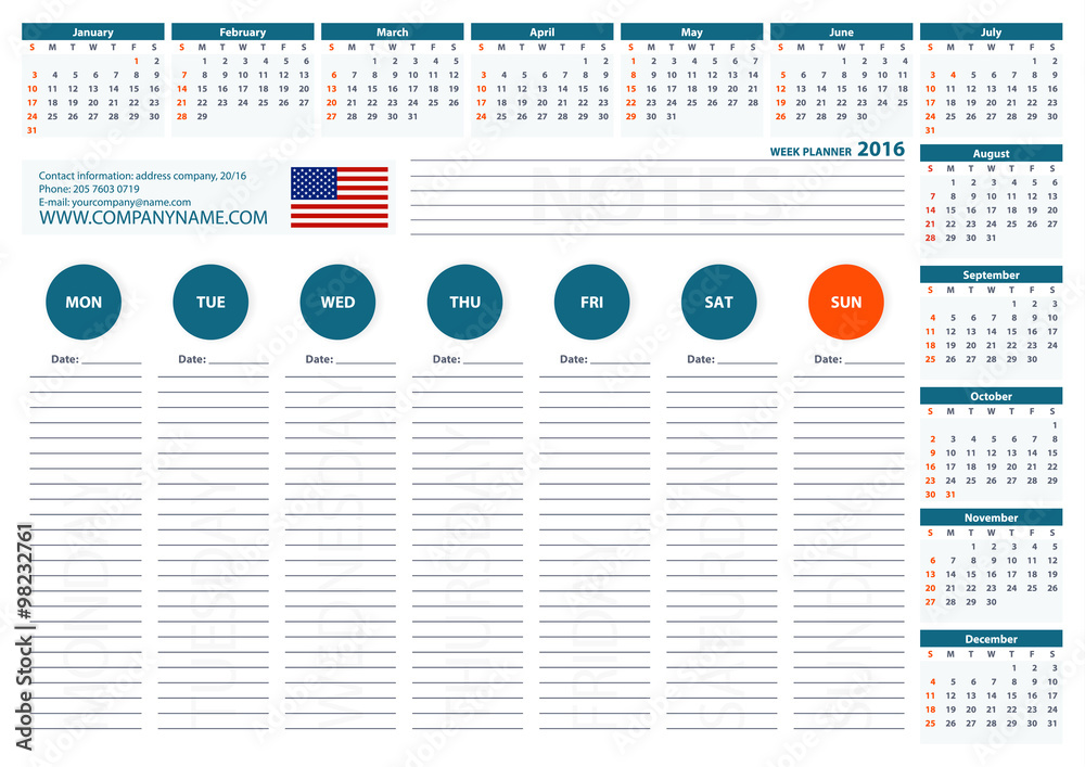 2016 USA Week Planner Calendar Vector Design Template 2 Stock Vector ...