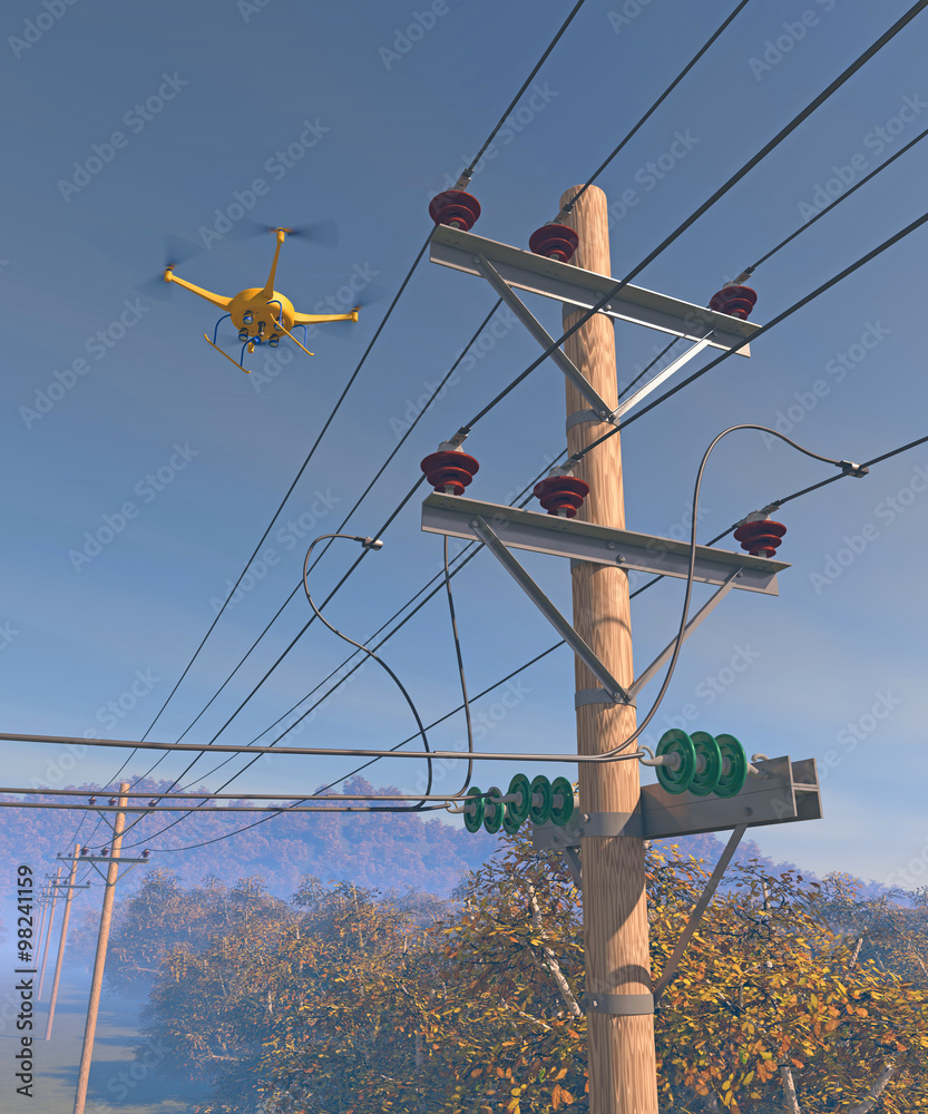 ภาพประกอบสต็อก UAV drone surveying power lines in a forested area ...