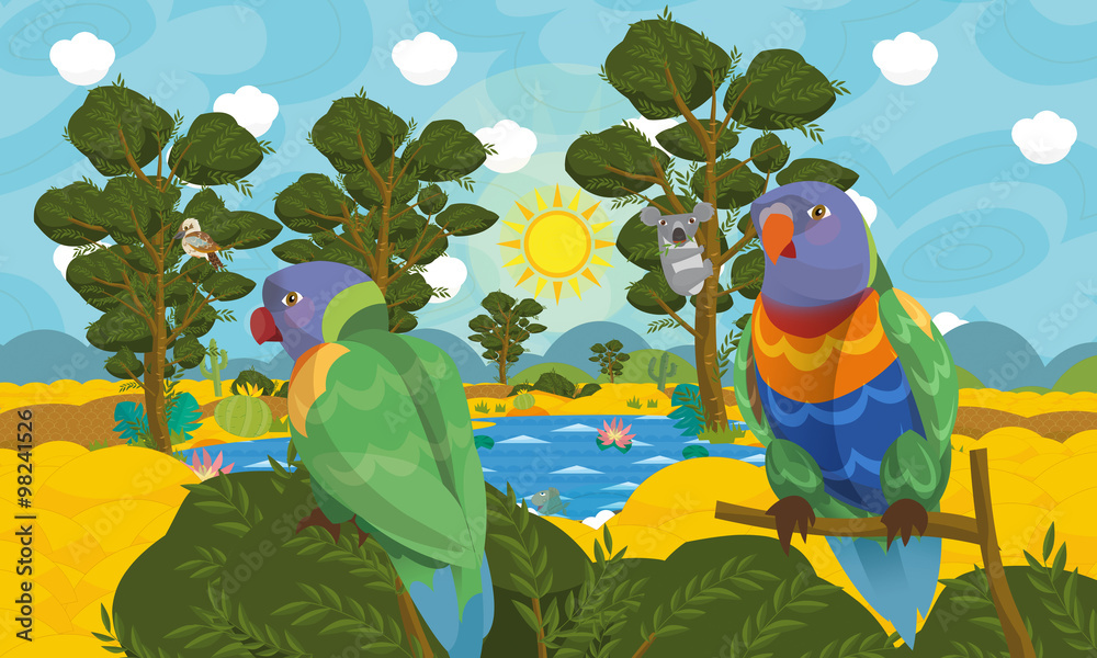 Cartoon australian animal scene - rainbow lorikeet - illustration for ...