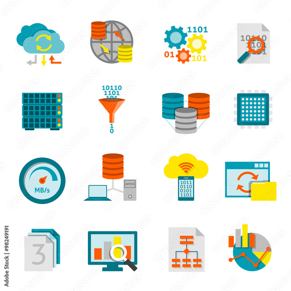 Database Analytics Flat Icons Set Stock Vector | Adobe Stock