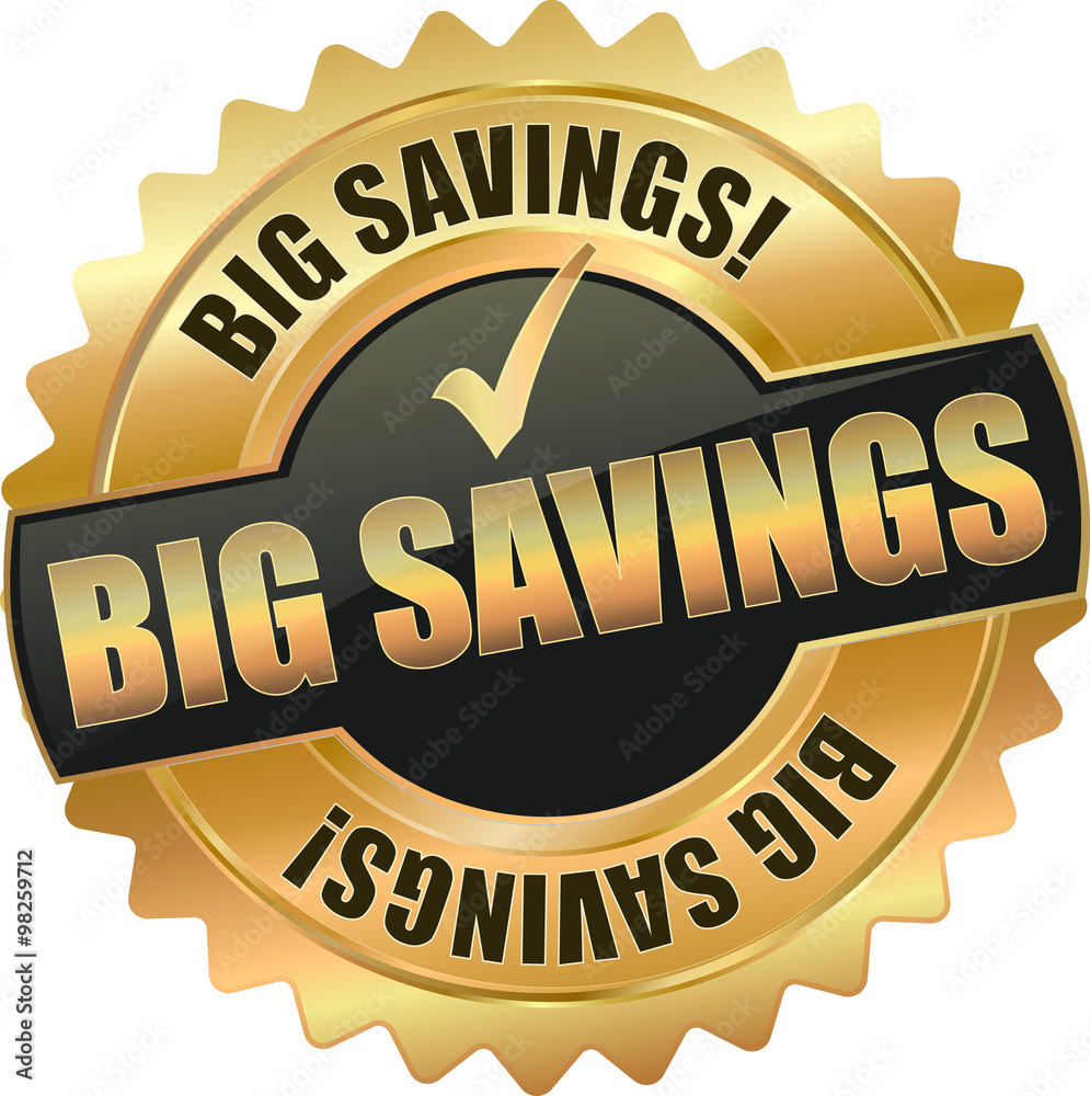 golden shiny vintage big savings 3D vector icon seal sign button shield ...