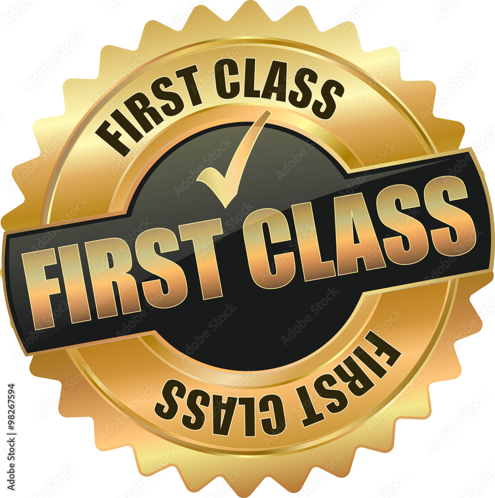 golden shiny vintage first class 3D vector icon seal sign button shield star with checkmark ...