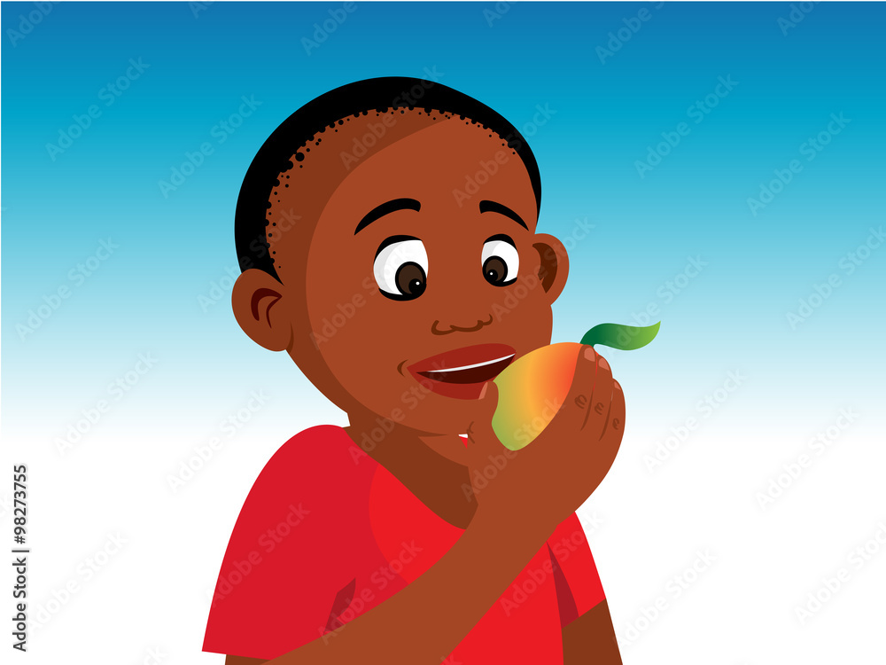 cartoon vector illustration of a boy eating mango vector de Stock ...