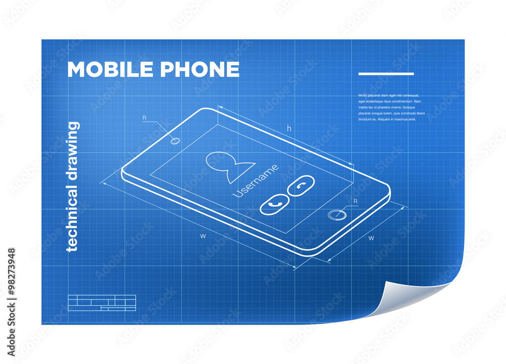Technical Illustration with mobile phone drawing on the blueprint Stock ...