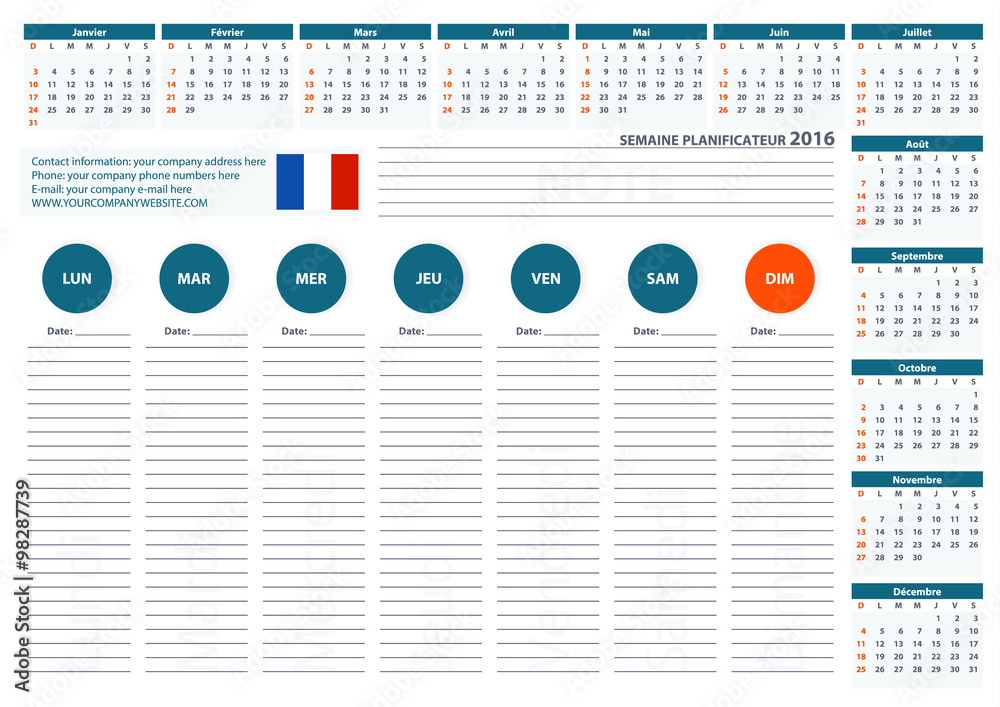 2016 French Week Planner Calendar Vector Design Template 2 Stock Vector ...