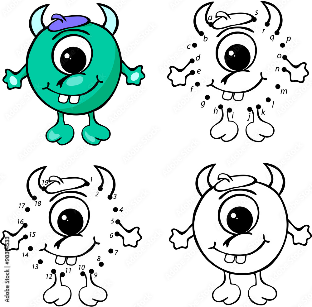 Cartoon horned alien. Vector illustration. Coloring and dot to d Stock ...